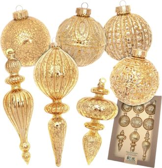 Krebs Glas Lauscha Weihnachtsdekoration/Christbaumschmuck aus Glas - Antic Mercury Sortiment (Kugel, Kugel mit Struktur, Formen) - Menge: 9 Stück - Farbe: Gold - Größe: 