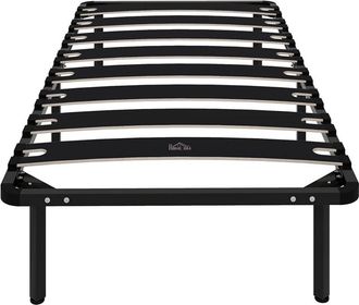 HOMCOM Cadre de lit 90 x 190 cm, lit simple avec sommier &agrave; lattes en bois massif et pied, avec rangement au-dessous, noir-Noir