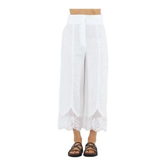 Twinset Femme, Pantalons, Blanc, Taille: 38 FR Pantalon Corsaire en Lin avec Dentelle