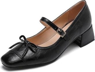 Generic Mary Jane Plates Chic pour Femme Bout Carré À Noeud Dessus en Similicuir Bride Cheville Boucle Carrée Talons Bas À Enfiler Chaussures Bureau,Noir,42.5
