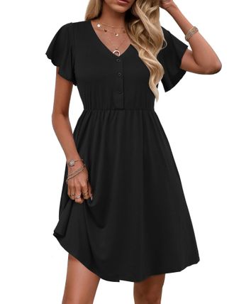 Zeagoo Kleid Damen Elegant V Ausschnitt Sommerkleid Kurzerm A-Linie R&uuml;schen&auml;rmel Minikleid Hohe Taille Tunika Kleider mit Tasche Schwarz L