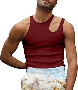 ORANDESIGNE D&eacute;bardeur Hommes Sexy en Maille sans Manches Transparent Tee-Shirt Bodybuilding &Eacute;lastique Chemise Plage d&Eacute;t&eacute; Casual Club Top T-Shirt de Sport C Vin Ro