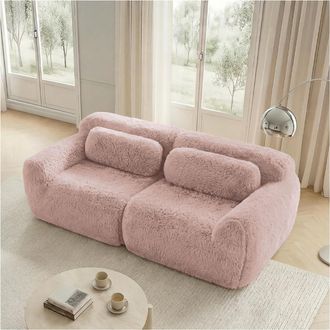 Generic Modernes 2-Sitzer-Sofa, modulares Sofa, rutschfeste Basis, mit 2 Kissen, extra breite ergonomische Armlehnen,for Lesen und Arbeiten(Rosa+Peluche+2 Pla