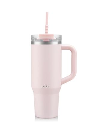 Bodum Travel Mug Tumbler 1.2 L Powder Pink - Metal Water Bottle with Straw, Handle and Lid - Dishwasher Safe - For Cold Drinks and Warm Coffee