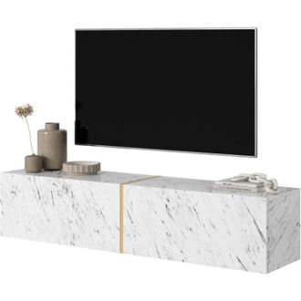 Selsey Selsey - Bisira Meuble tv Blanc imitation marbre Egger avec insert dor&eacute;, 140 cm