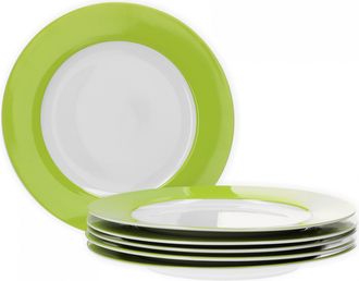 Van Well van Well Vario Speiseteller-Set 6-teilig - Tafel-Service f&uuml;r 6 Personen - flache Ess-Teller mit &Oslash; 26,5cm - Porzellan-Service wei&szlig; mit Rand in Gr&uuml;n - T