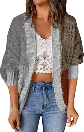 Generic Vestes pour femmes 2026 Mode &agrave; manches longues Colorblock Contraste Cardigan d&eacute;contract&eacute; l&eacute;ger en tricot doux, gris, M