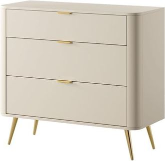 Selsey Kommode Weiß 84 x 93 x 38 cm - Elegante Schubladenkommode Mit Goldenen Metallfüßen - Ideal für Schlafzimmer/Wohnzimmer - 3 Schubladen Mit Kunststoffgl