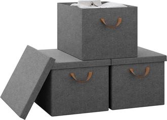 Woltu Boîte de Rangement Pliable, Lot de 3 Paniers de Rangement en Tissu Non-Tissé, avec Poignées et Couvercle, pour Vêtements et Jouets, Gris, 48x36x30cm