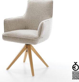 DELIFE Drehstuhl Heira-Flex mit Armlehnen Webstoff Soft Beige Holzgestell kantig Natur 180&deg; drehbar Taschenfederkern, Esszimmerst&uuml;hle