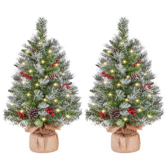 Yaheetech 2 St&uuml;ck 61 cm Mini K&uuml;nstlicher Weihnachtsbaum mit Schnee inkl. 35 Warmwei&szlig; LED & 42 Roten Beeren & 6 Tannenzapfen, Kleiner Christbaum Tisch Tannenbaum