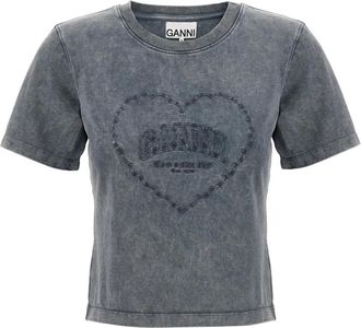 Ganni Femme, Tops, Gris, Taille: 38 FR T-shirt court d&eacute;lav&eacute; avec coeur