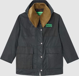 Barbour Veste Ganni Hooded Duffle Wax Navy Classic Tartan, Collaboration Barbour X Ganni
