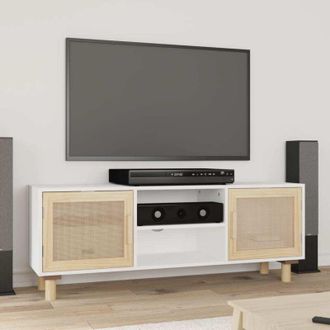 vidaXL Vidaxl - Meuble tv Blanc 105x30x40cm Bois de pin massif et rotin naturel