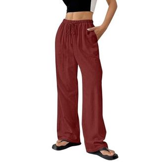 Generic Pantalon en coton et lin pour femme, pantalon d&eacute;contract&eacute; de couleur unie, taille &eacute;lastique avec poches, cordon de serrage, jambe large, confortable, 