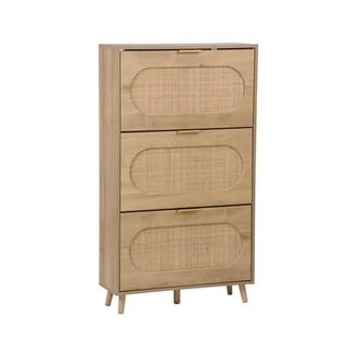 Sweeek Meuble à Chaussures décor Bois et cannage 3 tiroirs. poignées en métal - L 75 x P 26 x H 131 cm - Eva