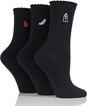 SockShop Disney Princesses Chaussettes en coton brod&eacute;es - 3 paires - Noir 37-40