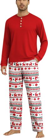 Ekouaer Schlafanzug Herren Lang Henley-Kragen Pyjama Set Winter Warm mit Kordelzug und Taschen Hausanzug, Weihnachts Farbe, XXL