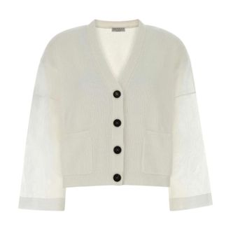 Brunello Cucinelli Femme, Pulls, Blanc, Taille: 36 FR Cardigan en maille c&ocirc;tel&eacute;e