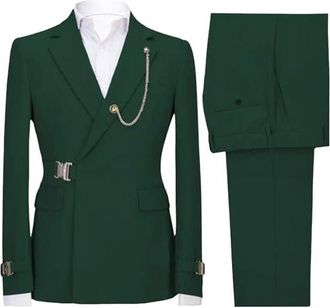 Generic Costume 2 pièces pour homme, coupe ajustée, costume de smoking décontracté avec fermoir en métal pour mariage, bal de fin dannée, vert foncé, 4XL