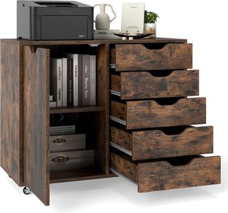 Giantex Rollcontainer mit 5 Schubladen & Schrank, Aktenschrank mit Rollen, Schubladenschrank Holz unter Schreibtisch, Druckertisch f&uuml;r Zuhause & B&uuml;ro (Braun, 
