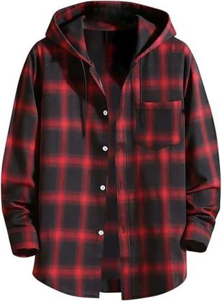 Generic Haut &agrave; capuche d&eacute;contract&eacute; &agrave; carreaux pour homme - Chemise &agrave; manches longues avec poche boutonn&eacute;e - Cordon de serrage - Pour un usage quotidien - Vest