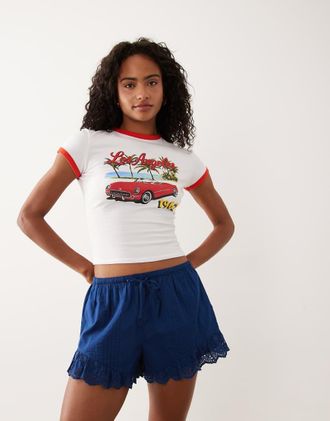Abercrombie & Fitch Short &agrave; enfiler avec ourlet volant&eacute; &agrave; oeillets - Bleu marine