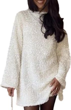 Generico Tops &agrave; Paillettes grande taille Robes de soir&eacute;e, Tops Brillant grande taille | Robe &agrave; Paillettes - Mini Robe &agrave; Manches Longues avec Col rond Sexy avec