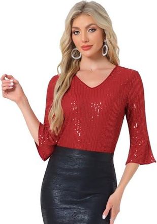 Allegra K Haut à Paillettes pour Femme Manches 3/4 évasées Col en V Chemisier de Fête en Sequin Blouse Métalliques Scintillantes Rouge M