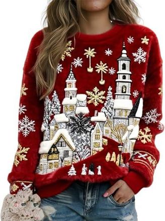 Generic Sweat-shirt de No&euml;l en flanelle avec imprim&eacute; chat pour femme, style d&eacute;contract&eacute;, &eacute;l&eacute;gant, doux et chaud, pull de No&euml;l fantaisie &agrave; col rond, haut de va