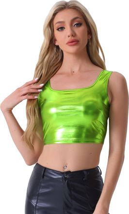 Allegra K Damen Metallic Crop Top Party Tanktop &Auml;rmellos Gl&auml;nzend Club Bauchfrei Oberteil Gr&uuml;n S