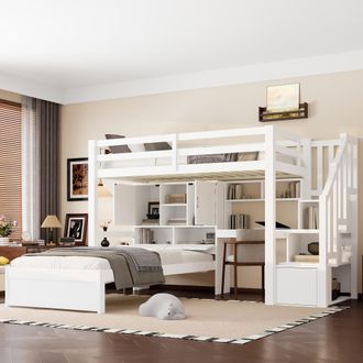 Generic Hochbett 90x200cm Wei&szlig; mit Schreibtisch & Treppe Etagenbett Massivholz Kiefer Stauraumbett inkl. Zweites Bett Multifunktionsbett Systembett L-Form f&uuml;r