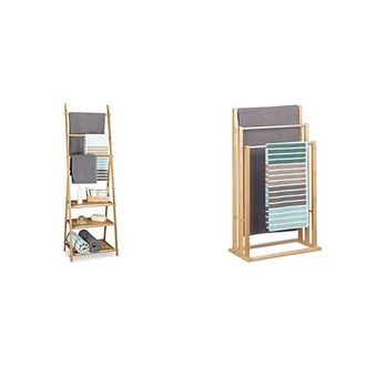 Relaxdays Handtuchhalter Bambus, Faltbar, Kleiner Kleiderständer, 3 Ablagen & Handtuchhalter stehend mit 3 Handtuchstangen, Handtuchständer 3-armig für Bad, Bam