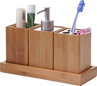 Mendler 4-teiliges Badset HWC-B85, Badezimmerset Badaccessoires Seifenspender Zahnbürstenhalter, Bambus