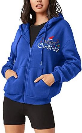 Generic 2026 Vestes &agrave; capuche d&eacute;contract&eacute;es &agrave; manches longues avec fermeture &eacute;clair et cordon de serrage pour femme avec poches, bleu, XL