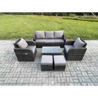 Fimous Polyrattan Gartenm&ouml;belset Garten Lounge Set mit Liegest&uuml;hle Rechteckiger Couchtisch 2 kleinen Hockern Dunkelgrau Gemischt - Fimous