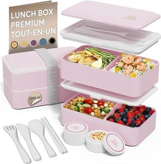 Umami Bento Lunch Box, Couverts & 2 Pots &agrave; Sauce Inclus, Bo&icirc;te &agrave; Lunch &Eacute;tanche, Lunchbox Adulte, Micro-Ondable Bo&icirc;te Repas Compartiment&eacute;e, Rose Kawaii, 1200
