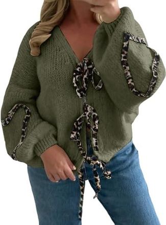 Generico Cardigan court en tricot pour femme avec lacets avant et noeud - Pull à front ouvert - Cardigans décontractés - Chaud pour lhiver, vert, M