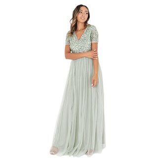 Maya Damen Ballkleid Abendkleid V-ausschnitt Maxi Länge Pailletten Kurze Ärmel Für Hochzeit Geburtstag Brautjungfer Bridesmaid Dress, Grün, 38 EU
