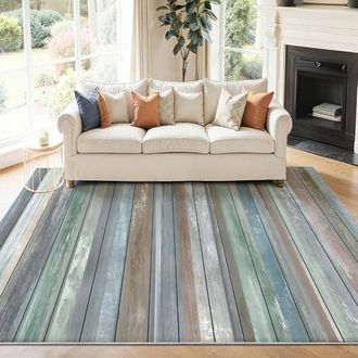 Generic Tapis 160 x 230 cm Lavable Poil Ras Anti Slip Chambre - Moderne D&eacute;grad&eacute; Vertical Rayures Th&egrave;me Tapis de Salon, Gris-Vert Moquette Decoration Maison po