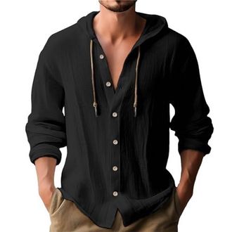 Generic Sweat &agrave; capuche en lin et coton pour homme avec cordon de serrage - T-shirts d&eacute;contract&eacute;s &agrave; manches longues - Chemise de course &agrave; pied boutonn&eacute;e l&eacute;g&egrave;r