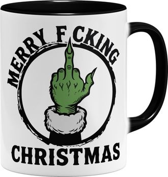 OM3 lustige Merry Fucking Christmas Kaffee-Tasse mit Spruch - Mittelfinger Weihnachten - Keramik Becher - 325ml - Beidseitig Bedruckt - Schwarz
