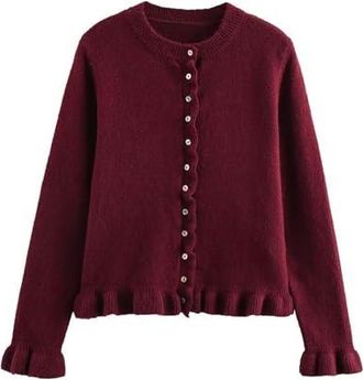 Generic Cardigan Femme &agrave; Boutons Volants, Manches Ballon Ouvert Devant Uni, Pull D&eacute;contract&eacute; pour Automne Hiver(Wine,M)