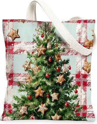 Generic Sacs fourre-tout en toile motif sapin de No&euml;l, sacs de courses respectueux de lenvironnement, style rustique et rustique r&eacute;utilisable pour cadeaux, pl