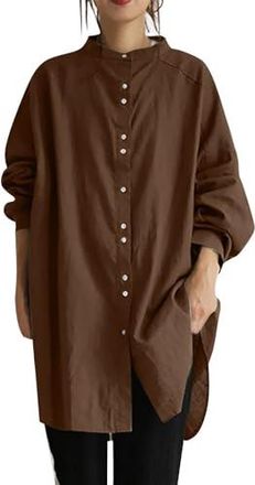 Generic Hauts d&eacute;t&eacute; amples en coton et lin pour femmes, col boutonn&eacute;, manches longues, habill&eacute;, d&eacute;contract&eacute;, tunique ample 2026, v&ecirc;tements tendance, caf&eacute;, XXL