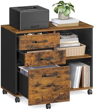 Vasagle Rollcontainer, Aktenschrank, mit 3 Schubladen und Rollen, offene Fächer, für Dokumente in DIN A4-, Letter-Format, Druckerständer, Industrie-Design, vi