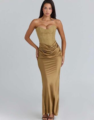 House of CB Aurelia - Satin-Maxikleid in Bronze im Brokat-Look mit Korsettdetail-Brown