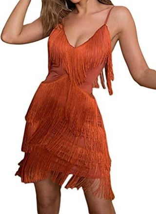 Onsoyours Robe À Franges pour Femme des Années 1920 pour Femme Sexy Col en V Plongeant sans Manches Mini Robe Élégante Robe De Bal Danse Soirée Robe À Franges À