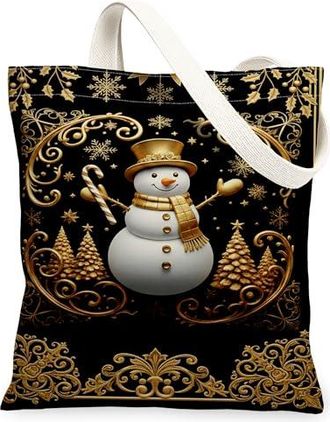 Generic Sacs fourre-tout en toile motif bonhomme de neige de No&euml;l, sacs d&eacute;picerie l&eacute;gers et lavables, &eacute;l&eacute;gants et vintage en toile noire, noir, 13x15 Inch