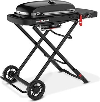 Weber Traveler Stealth Gasgrill/klappbares Design mit R&auml;dern, Automatische Deckelarretierung und Deckelthermometer, 1 Brenner, 111 cm breit, 63 x 34 cm Gril